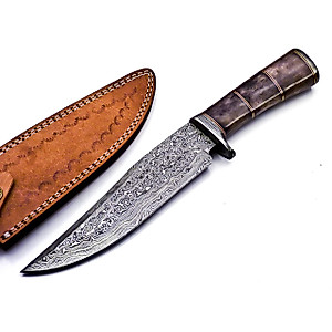 Nooraki BK-30 Handmade Damascus Steel Fixed Blade Bowie Knife with Leather Sheath, Multipurpose Knife with Camel Bone Brass Spicer Handle for Everyday Carry, Camping, Hunting, 12.5" Length