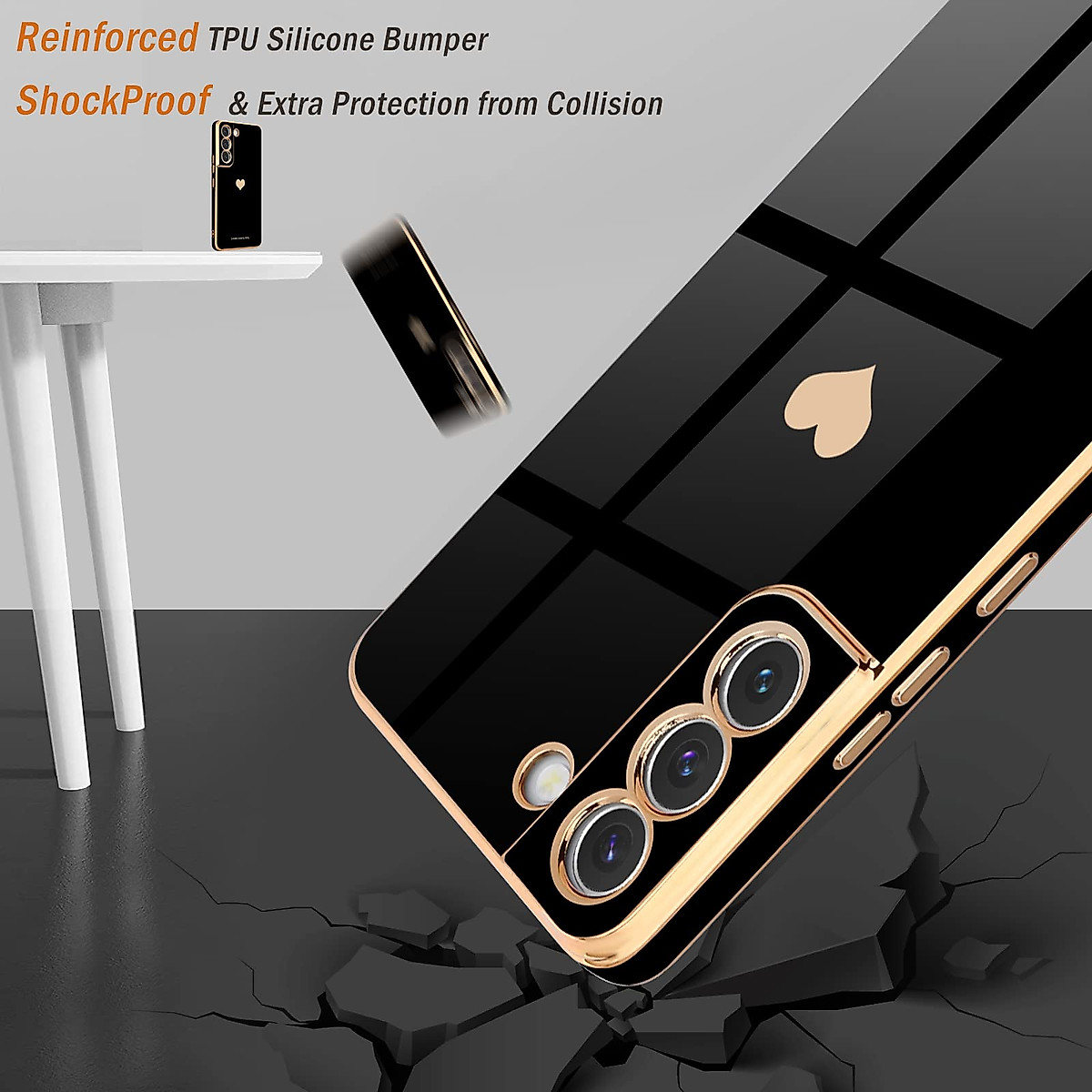 Teageo for Samsung Galaxy S22 5G Case for Women Girl Cute Love-Heart Luxury Bling Soft Back Cover Raised Full Camera Protection Bumper Silicone Shockproof Phone Case for Galaxy S22 5G, Black