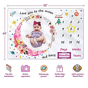 Kmivo Milestone Blanket for Baby Girl, Baby Monthly Photo Blankets Soft Large Memory Blanket with Headband & Milestone Cards for Newborn Baby Shower, 60” x 40”