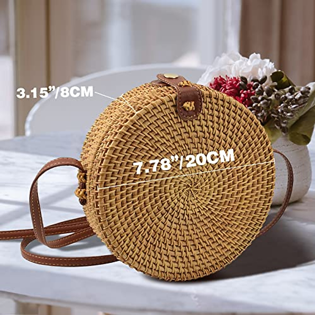 WOWLADY Round Rattan Bags Woman Handwoven Straw Purse Bag Crossbody Shoulder Leather Straps Natural Chic Leather Buckle