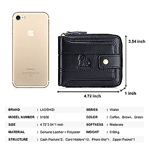 LAOSHIZI Mens Wallet with Zipper Genuine leather Black Zip Around Purse RFID Blocking Bifold ID Window With Coin Pocket