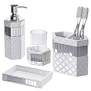 Creative Scents White Bathroom Accessories Set - Decorative 4 Piece Bathroom Set - Mirrored Bathroom Accessory Set Includes: Soap Dispenser, Toothbrush Holder, Tumbler & Soap Dish (Quilted Mirror)