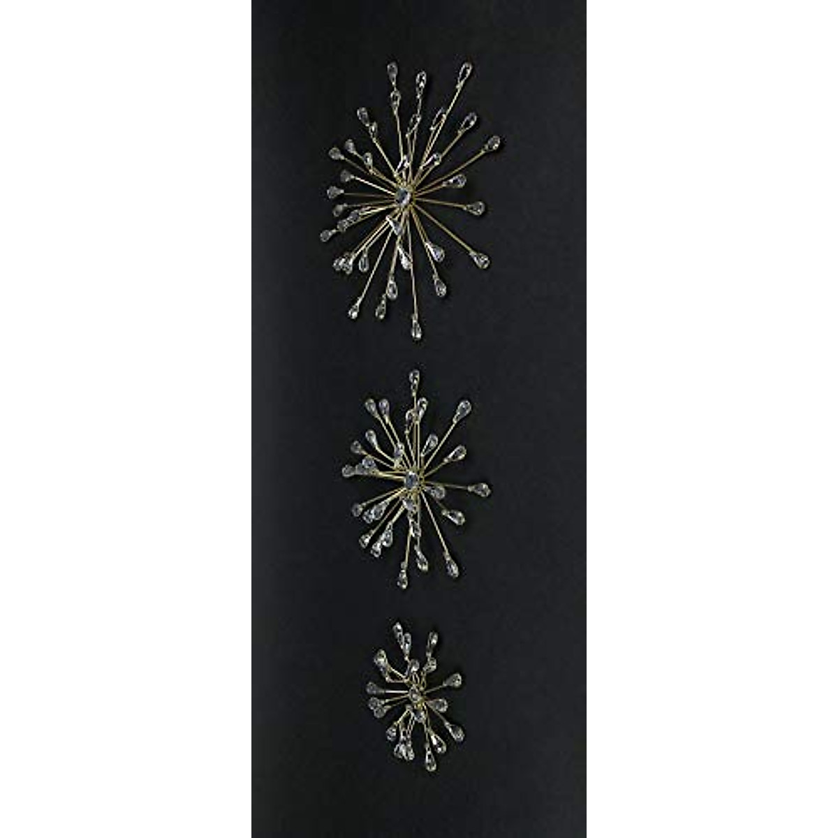 Set of 3 Gold Finish Teardrop Crystal Jeweled Rhinestone Starburst Metal Wall Hangings Art Decorative Home Decor 6, 9, 12 Inches in Diameter