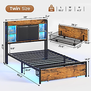AOGLLATI Twin Bed Frames with Headboard and 2 Storage Drawers, Twin Bed Frame with Charging Station and Led Lights, Modern Upholstered Brown Led Bed Frame Twin,No Box Spring Needed, Vintage