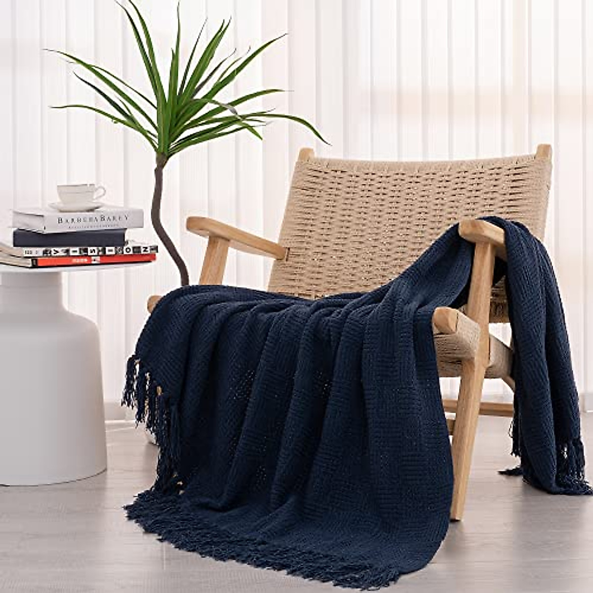 RECYCO Chenille Throw Blanket for Couch, Soft Cozy Knit Throw Blankets with Tassels, Woven Chenille Throw Blanket Knitted Blanket for Bed Sofa Chair, 50 x 60 Inches, Navy Blue, Laundry Bag Included