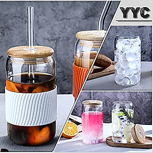 YYC Glass Cups with Lids and Straws 4pcs[Coffee Accessories Gifts],16oz Iced Coffee Cups with Lids-Beer Can Glass with Lids and Straw,Cute Glass Cups Drinking Glasses Set w Silicone Sleeve/Stickers