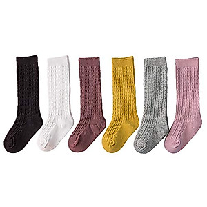 Nuziku Toddler Knee High Socks - 6 Pairs Little Girls Cable Knit Cotton Stockings (Assorted 6-pack, 1-2T)