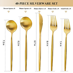 Gold Silverware Set for 8, MIKIWAY 40 Pieces Stainless Steel Flatware Set, Matte Golden Cutlery Tableware Set, Kitchen Utensils Set Include Spoons And Forks Set, Satin Polished, Dishwasher Safe