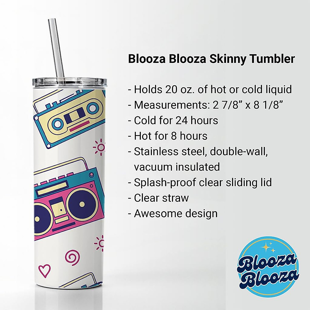 80's Eighties Theme Style Skinny Tumbler 20oz with Straw Insulated Water Bottle Gift