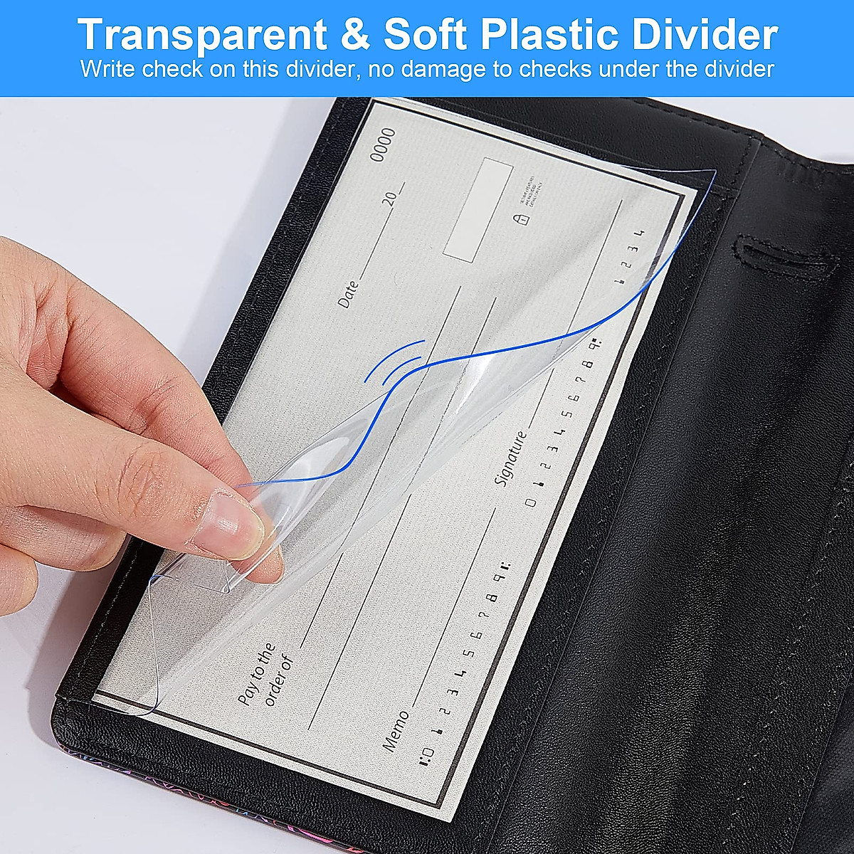 Checkbook Cover for Personal Checkbook, RFID Checkbook Register Cover with Pen Holder & Built-in Clear Plastic Divider for Duplicate Checks