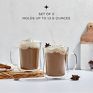JoyJolt Double Wall Glass Coffee Mugs - 13.5oz Diner Coffee Mug Set of 2 Glass Coffee Cups. Insulated Coffee Mug, Cappuccino Cup, Latte Cup. Glasses That Don't Sweat, Clear Mugs for Hot Beverages.