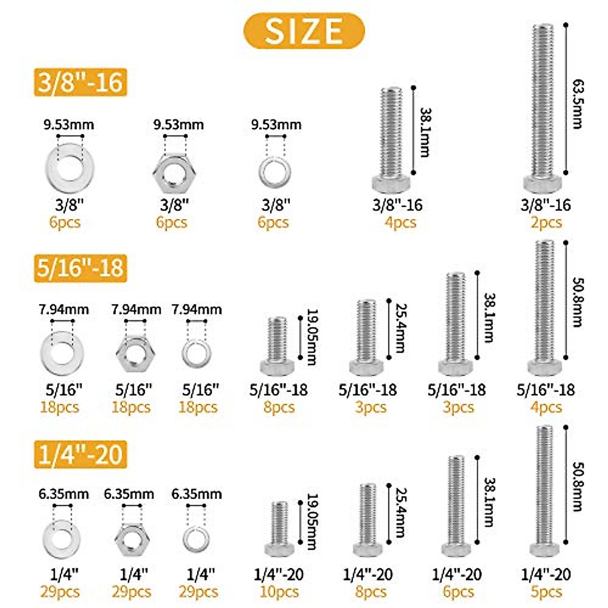 Hex Bolts Assortment Kit, VIGRUE 212PCS/53 Sets 1/4-20 5/16-18 3/8-16 Heavy Duty Bolts Screws Nuts Flat Spring Washers, Includes 10 Common SAE Sizes, 304 Stainless Steel