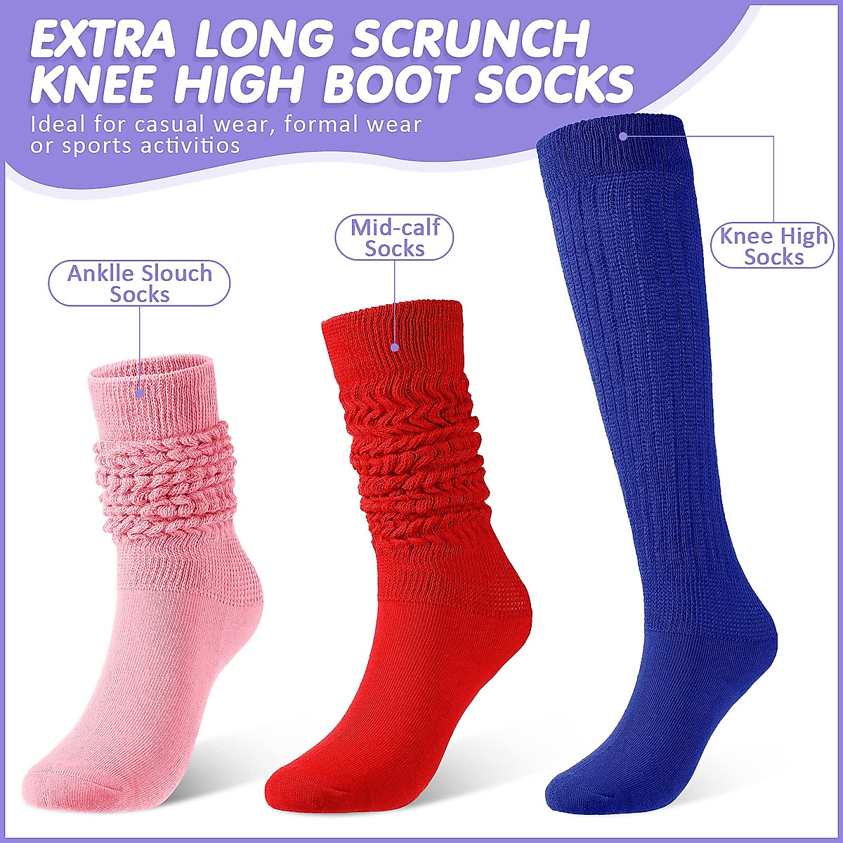 JaGely 6 Pairs Long Slouch Socks for Women Soft Thick Stacked Socks Scrunchie Socks Size 9 to 11, 6 Neon Colors Socks Bulk(Light Pink, Blue, Red, Light Purple, Brown, Dark Gray)