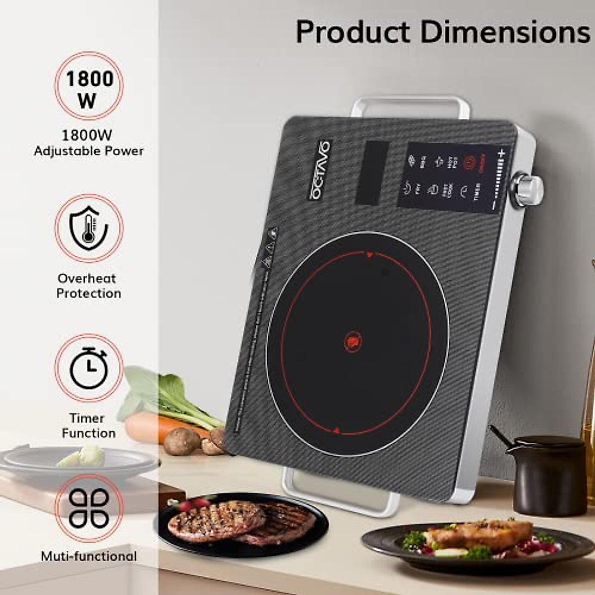 OCTAVO 1800W Portable Ceramic Countertop Infrared Burner with 4 Hours Timer, Touch Control Panel Adjustable Heating Power