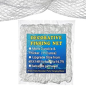 SHOUWAN Decoration Fishing Net 7ft ×14.7ft for Pirate,Hawaiian Nautical Ocean Mediterranean Party Wall Hanging Natural White Fishnet Decor Table Decorative Netting Living Room Decorar Fish Net