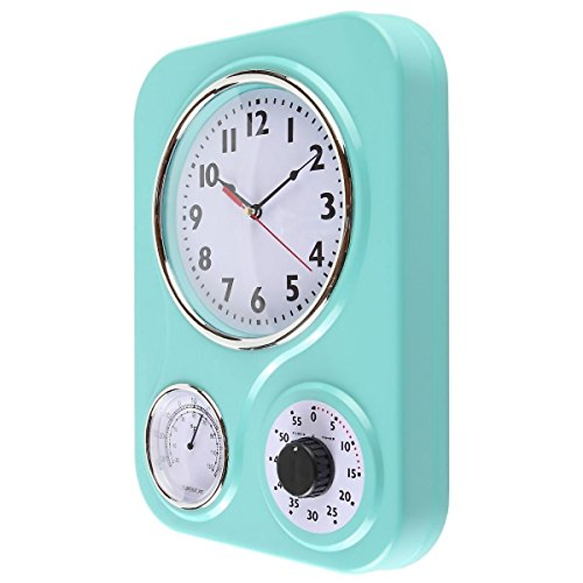 Lily's Home Retro Kitchen Wall Clock, with a Thermometer and 60-Minute Timer, Ideal for Any Kitchen, Turquoise (9.5 in x 13.3 in)