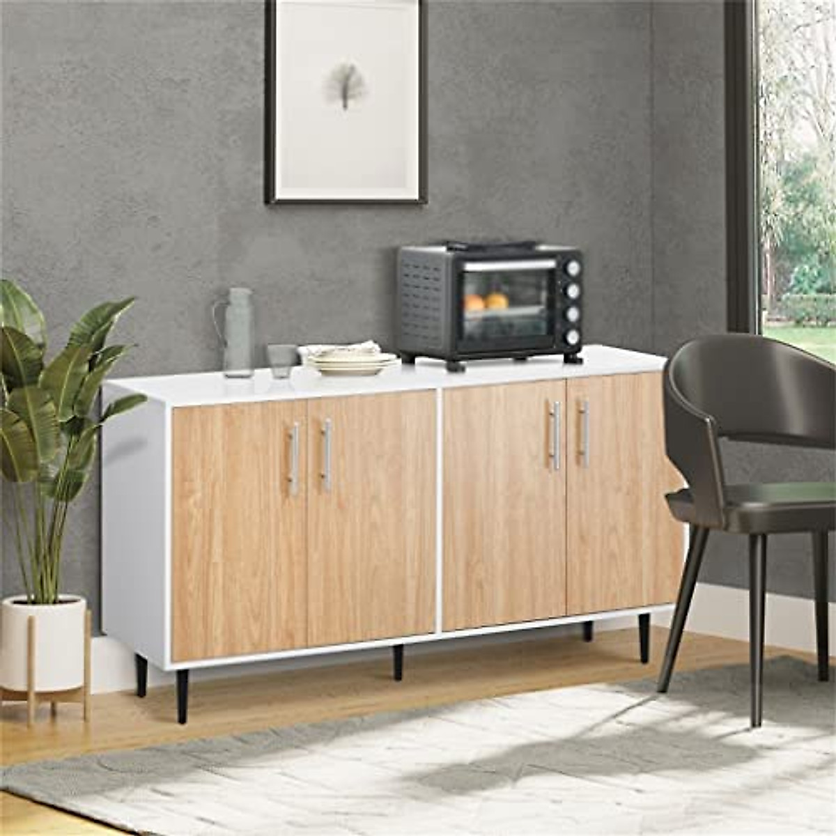 SEASD Kitchen Sideboard with 4 Door Adjustable Shelves and Metal Legs Living Room Dining Room Auxiliary Furniture