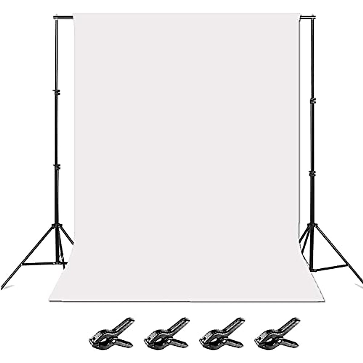 Backdrop Stand with White Backdrop，White Backdrop Stand，White Photo Backdrop with Stand， ​ Polyester White Cloth 6x9 feet Adjustable 8.5x10 Photography Stand 4 Clips