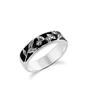 Gemondo Sterling Silver 4.8pt Marcasite & Black Enamel Floral Band Ring
