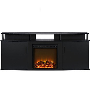 Ameriwood Home Carson Fireplace TV Stand for TVs up to 70 Inch, Replaceable Electric Fireplace Insert Heater, Realistic Log and Flame Effect, For Living Room or Bedroom, Black