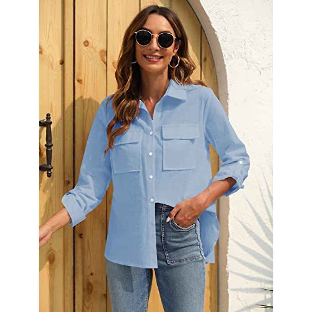 Runcati Womens Button Down Shirt Cotton Linen Long Sleeve V Neck Dress Shirts Casual Loose Roll Up Work Blouse Tops with Pockets Sky Blue