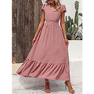 PRETTYGARDEN Womens Summer Flowy Boho Maxi Dress Short Sleeve Swiss Dot Long Dress V Neck Smocked Waist Beach Party Sundress (Pink, Large)