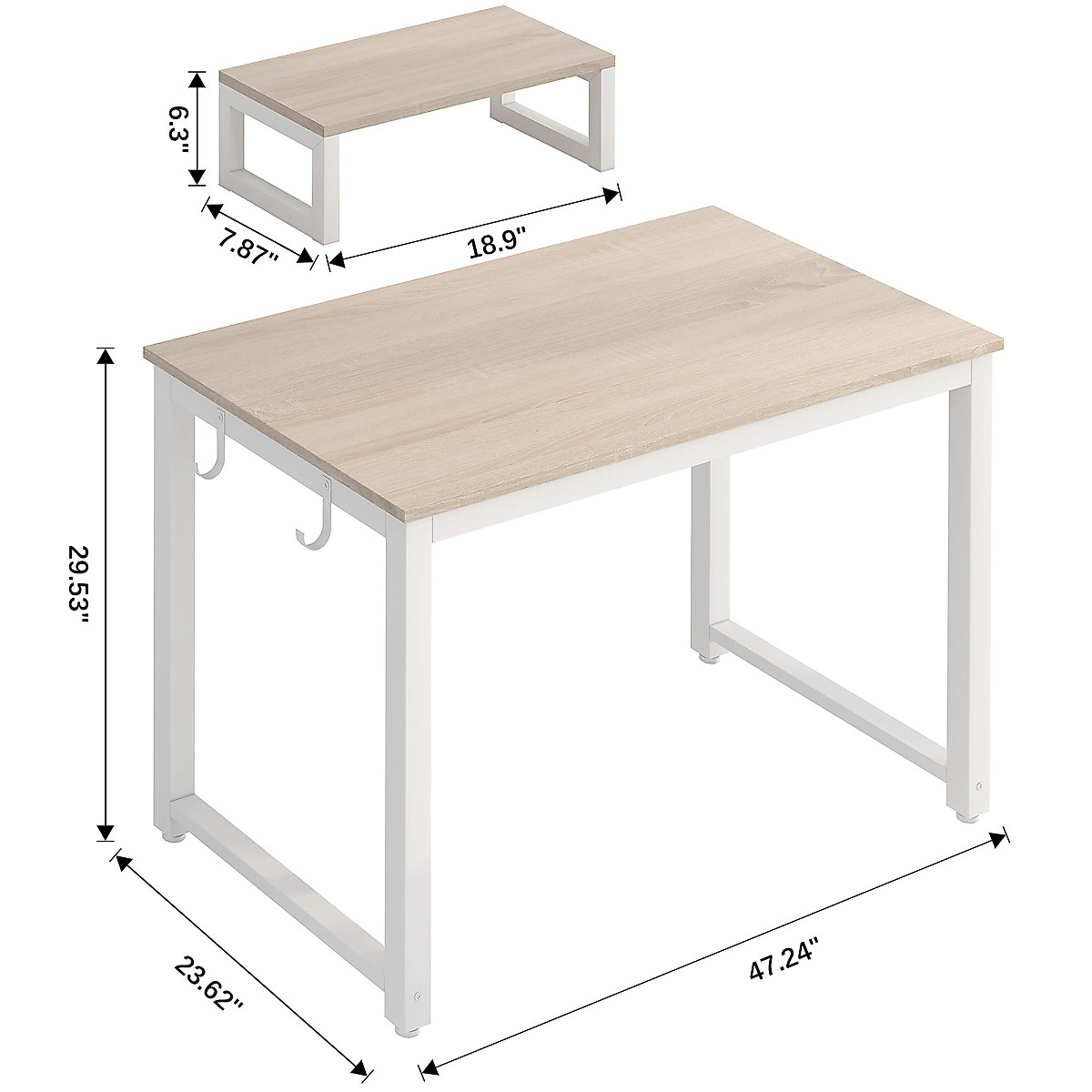 JSB Small Computer Office Desk 39" with Freely Move Monitor Stand and 4 Hooks, Study Writing Table PC Home Office Desk - Natural & White
