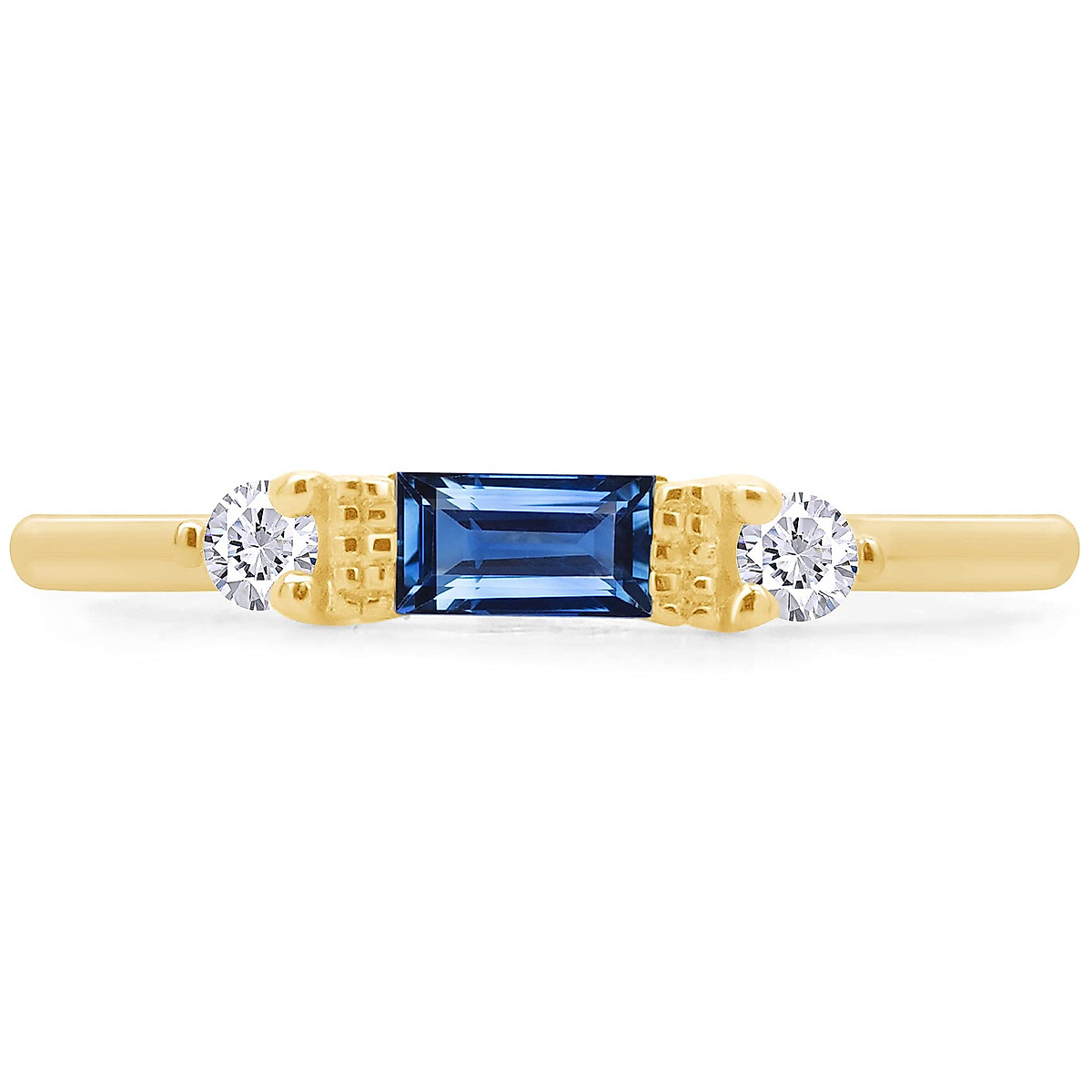 AFFY Baguette Simulated Sapphire Blue & White Cubic Zirconia 14K Yellow Gold Over Sterling Silver Three Stone Design Bridal Engagement Wedding Ring Jewelry For Women Size-6