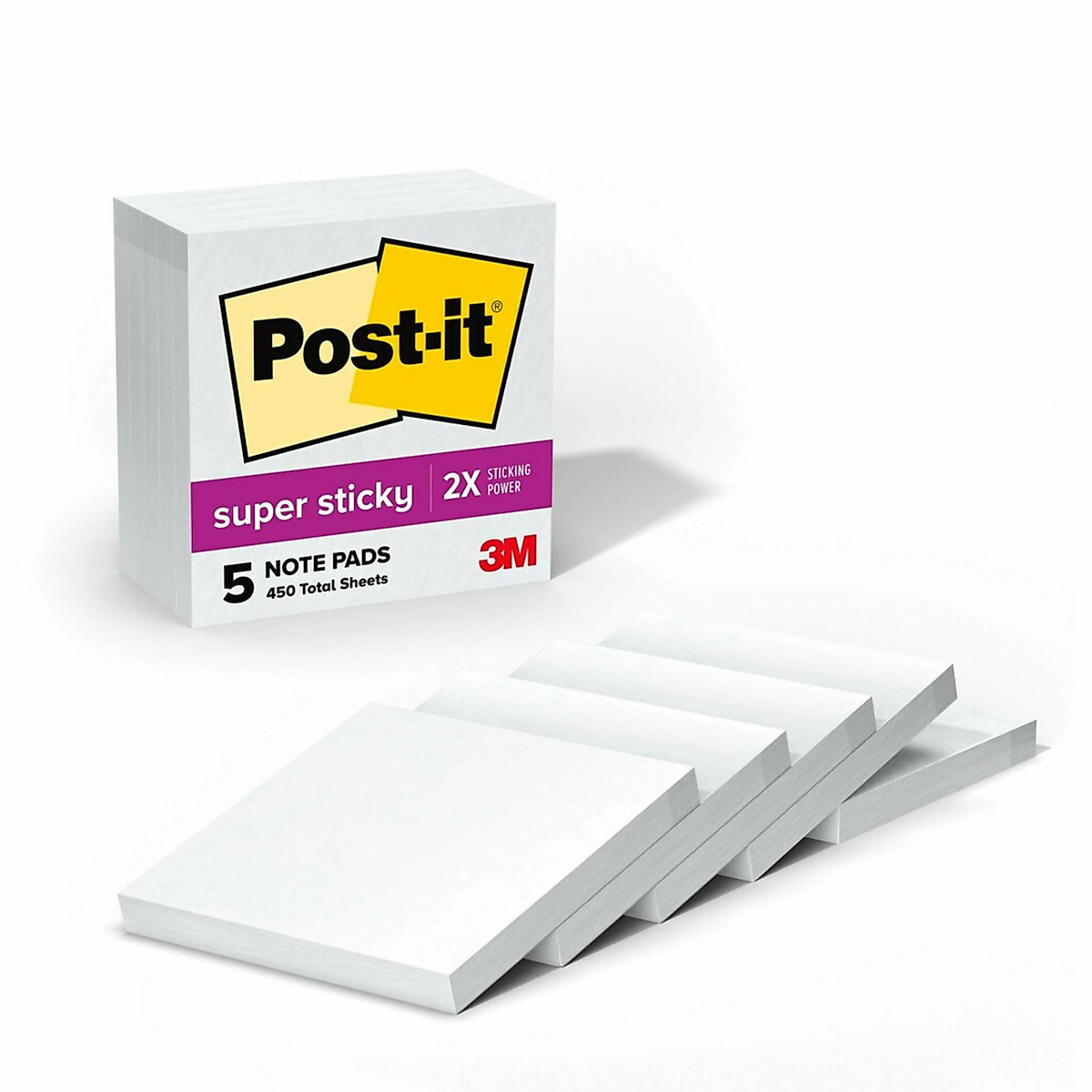 Post-it Super Sticky Notes, 3x3 in, 5 Pads, 2x the Sticking Power, White, Recyclable(654-5SSW)