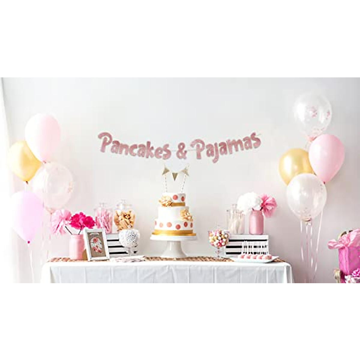 Pancakes & Pajamas Pink Glitter Banner – Slumber Party – Pajama Party – Girls Night In Decorations, Supplies, Favors and Gifts