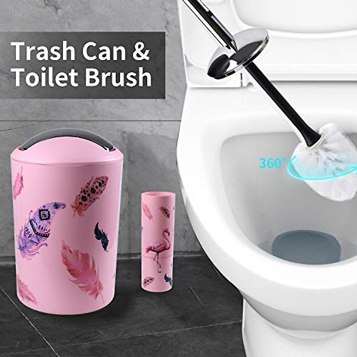 Newthinking Bathroom Accessories Set, Bathroom Set with Trash Can, Include Soap Dish and Soap Dispenser, Toothbrush Holder Set and Toilet Brush and Holders, Pink Flamingo