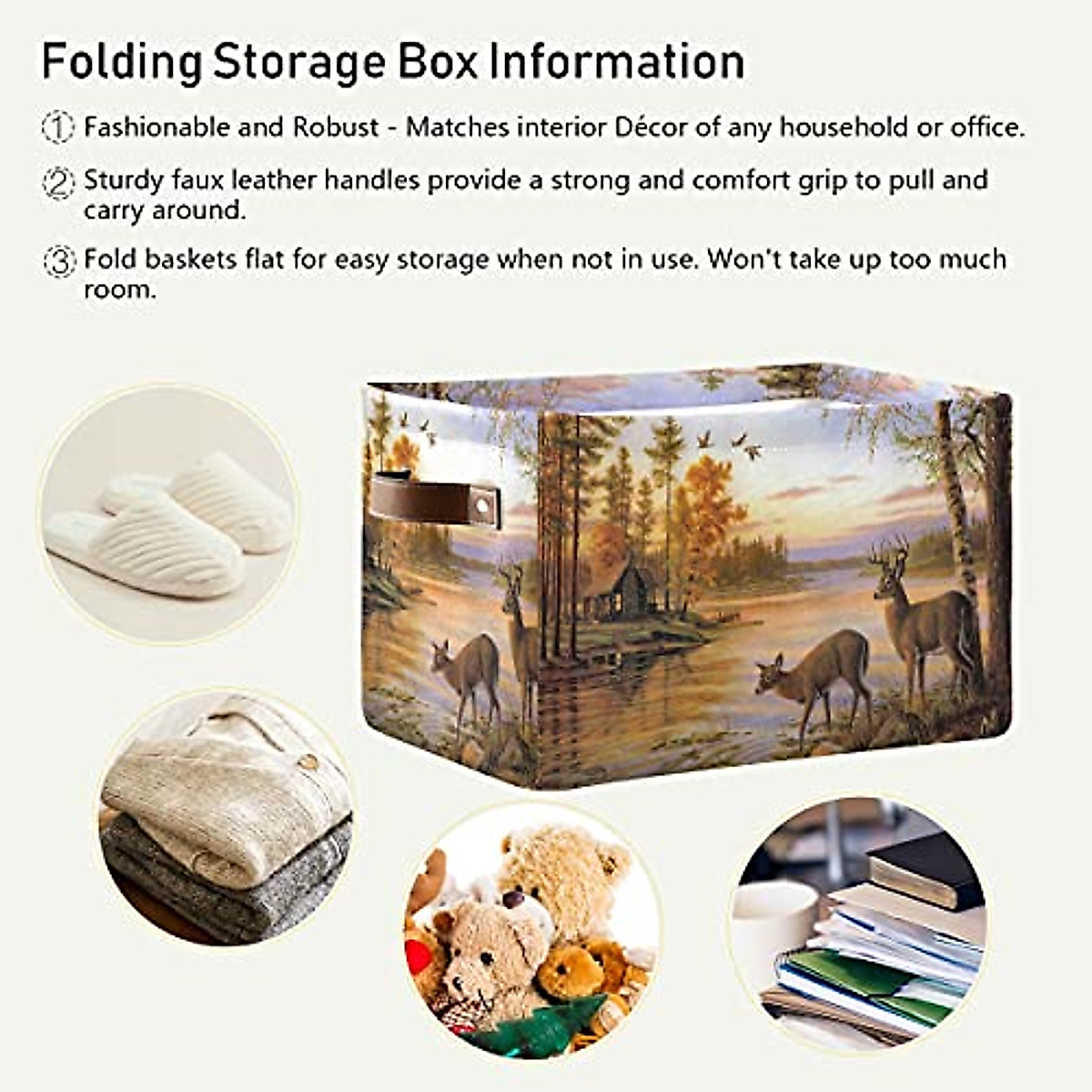 Rectangular Storage Bin Cube Forest Animal Deer Tree River Foldable Organizer Basket with Handles, Collapsible Storage Box for Kids Toy Shelf Closet Nursery