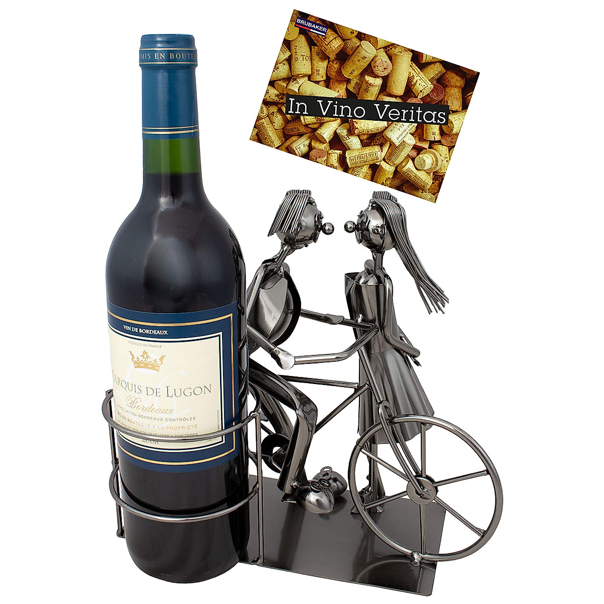 BRUBAKER Wine Bottle Holder 'Couple on Bike' - Table Top Metal Sculpture - with Greeting Card
