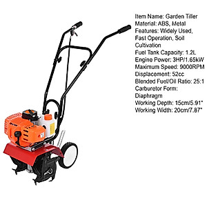 52CC Garden Tiller Gas Powered,3HP 2-Strokes Garden Tiller Cultivator,9000RPM, 1.2L Fuel Tank, 6-inch Working Depth Cultivator Rotovator Orange
