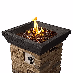 Teamson Home 40,000 BTU Square Slate Rock Look Steel Outdoor Fire Pit Pillar Outside Propane Gas Firepit with 6.6 Pounds Lava Rocks and PVC Cover for Patio Garden Backyard, 20 Inch, Brown