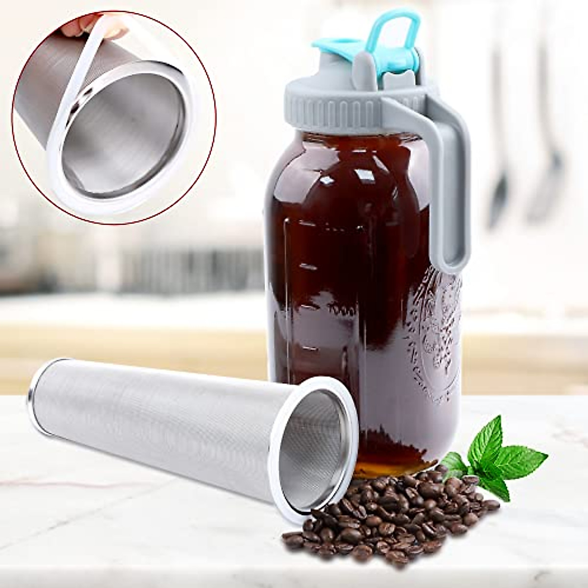 GMSWEET Mason Jar Cold Brew Coffee Maker 32 OZ Wide Mouth Cold Brew Pitcher With Brewer Filter For Coffee, Iced Tea, Sun Tea, Lemonade