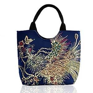 Glitter Embroidery Bag for Women, Peacock Sequins Handbags Traditional Bling Phoenix Shoulder Bag for Travel School Evenings, Perfect Mom Gift (B-02)