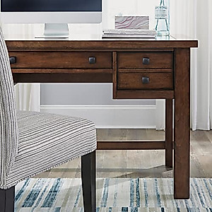 Home Styles Tahoe Aged Maple Executive Writing Desk with Two Accessory Drawers on Each Side, Drop-Down Center Drawer, Keyboard Tray, and Antiqued Bronze Pulls