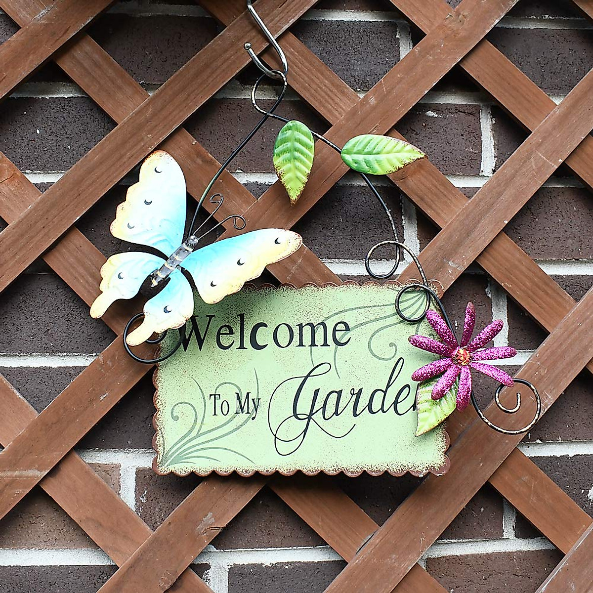 E-view Metal Welcome Sign Rustic Wall Hanging Plaque - Decorative Welcome Flower Signs for Porch Front Door Farmhouse Home Decoration Garden Themed Wreath Ornament (Green)
