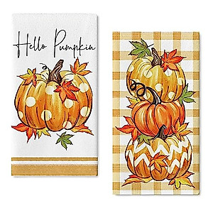 Seliem Fall Hello Pumpkin Patch Kitchen Dish Towels Set of 2, Autumn Maple Leaves Hand Towels Buffalo Plaid Check Drying Baking Cooking Cloth, Farmhouse Thanksgiving Home Kitchen Decor 18x26 Inch