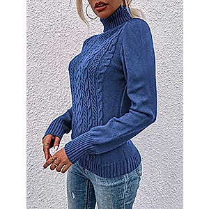 Hongqizo Women Casual Turtleneck Long Sleeve Sweater Cable Knit Pullover Solid Slim Fit Sweater Turtleneck Tops Navy
