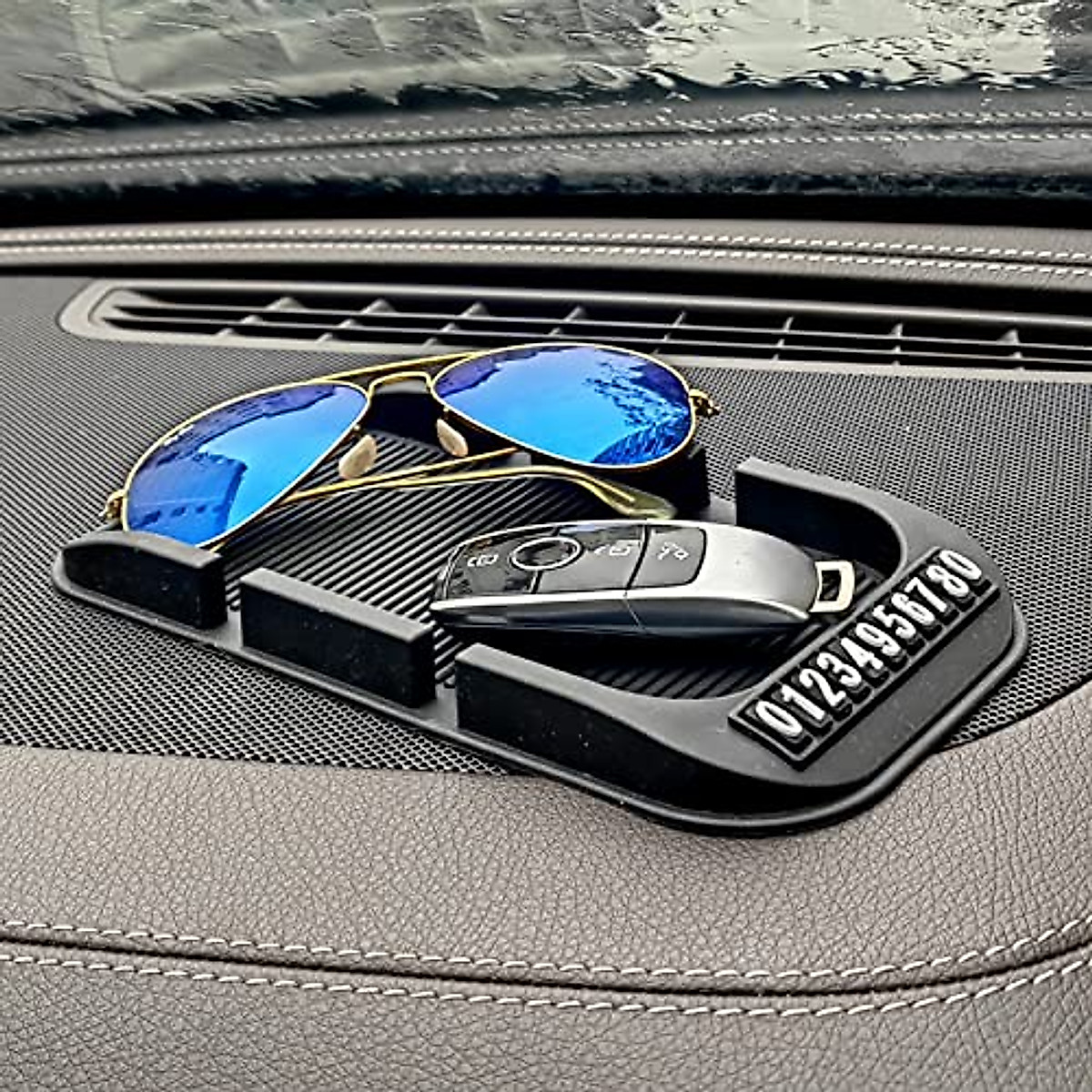 Car Dashboard Cell Phone Holder, Anti-Slip Pad Double-Groove with Number Plate Auto Silicon Tray, Silicone Car Pad Mat for Various Dashboards,Phone GPS Keychains Sunglasses Mat