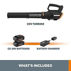 WORX 20V Cordless Leaf Blower WG547.1, Electric Blower, Powerful Turbine Fan Technology, 2-Speed Control, for One-Hand Operation, PowerShare – 2pcs 2.0 Ah Battery and 1pc 0.4 A Charger Included