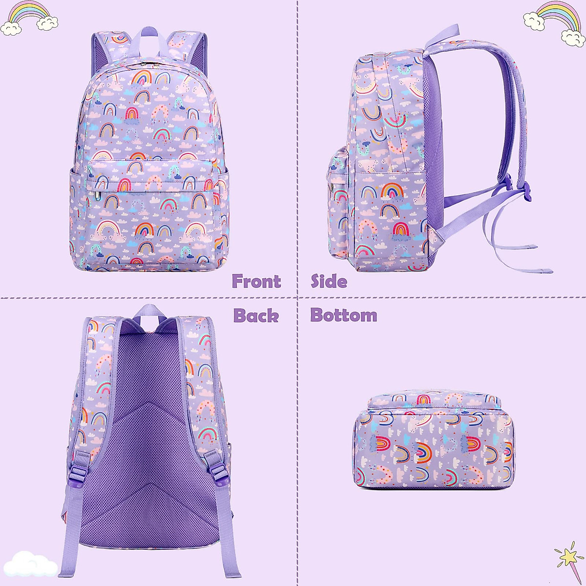 Rainbow Backpack for Girls, 3PCS Rainbow Backpack with Square Lunch Bag & Pencil Case Set for Girls, Large Capacity Kids School Bookbag Set for Preschool Kindergarten Elementary School