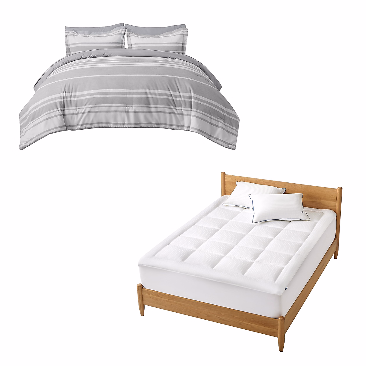 Bedsure Queen 7 Pieces Grey White Striped Queen Bed Set Bundle Cotton Mattress Pad Queen Size