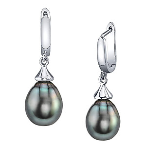 THE PEARL SOURCE 9-10mm Drop Shape Black Tahitian South Sea Cultured Pearl Elegance Earrings for Women