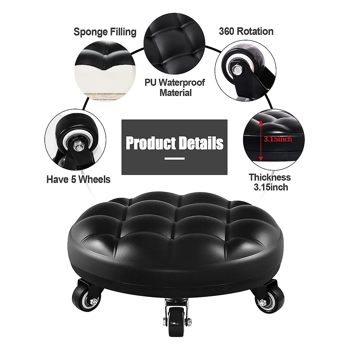 Lanstics Low Roller Seat Wheel Stool Chair PU Leather Rolling Stool Seats on Wheels for Home Office Fitness Round Roller Seat Stool (Black)