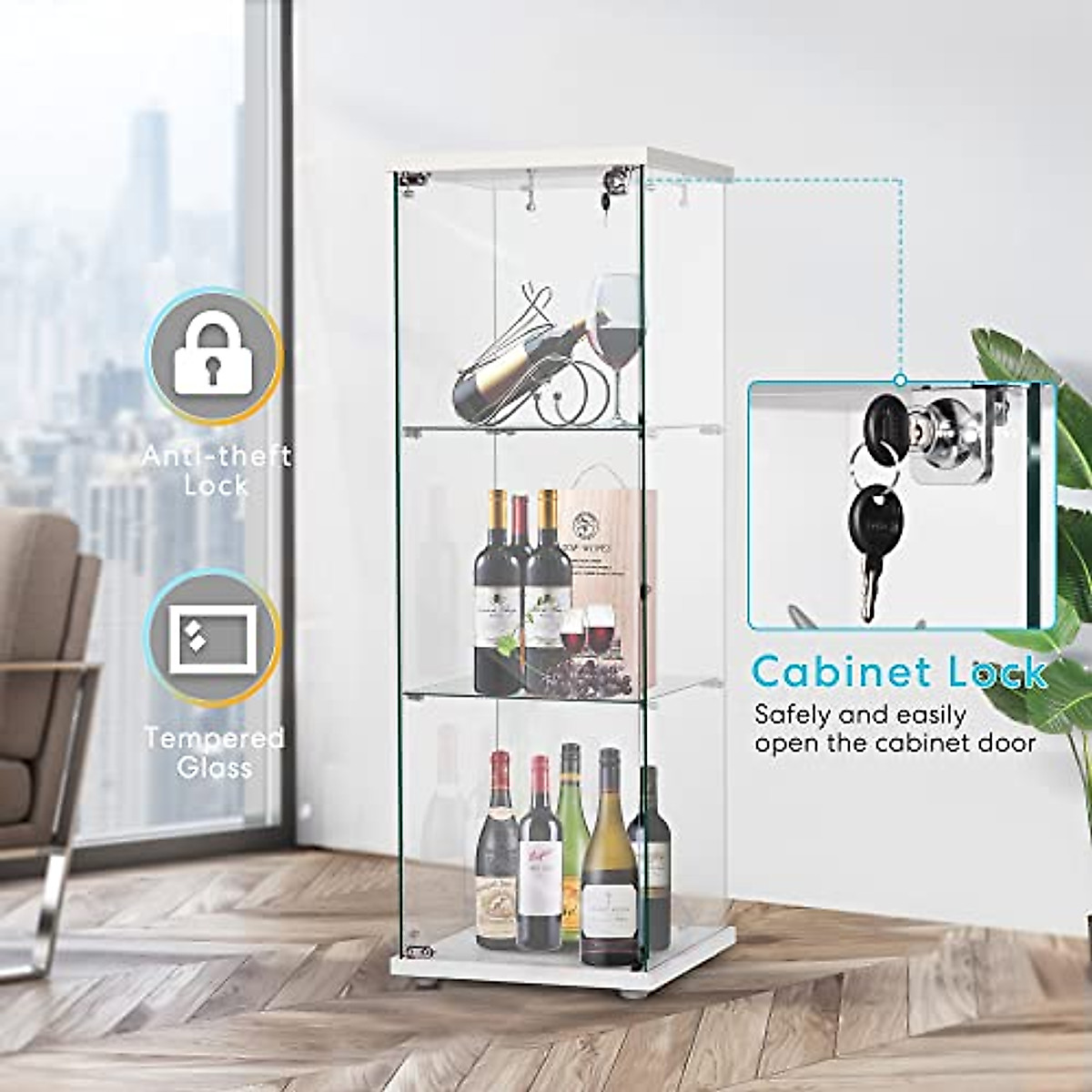 VIVOHOME 3 Layers 15.7''W x 15.7''D x 47.2''H Glass Display Cabinet Countertop Showcase with Lock, 5mm Tempered Glass 25mm MDF Base