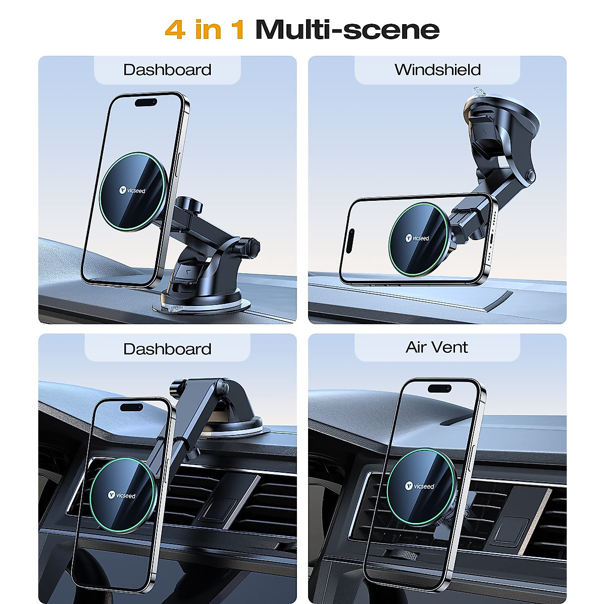 VICSEED for MagSafe Car Mount Dash - [8lbs Powerful Magnets][Long Arm Adjustable] Magnetic Phone Holder for Car Phone Mount for Car 3 in 1 Car Phone Holders for iPhone 15/14/13/12 All Phones