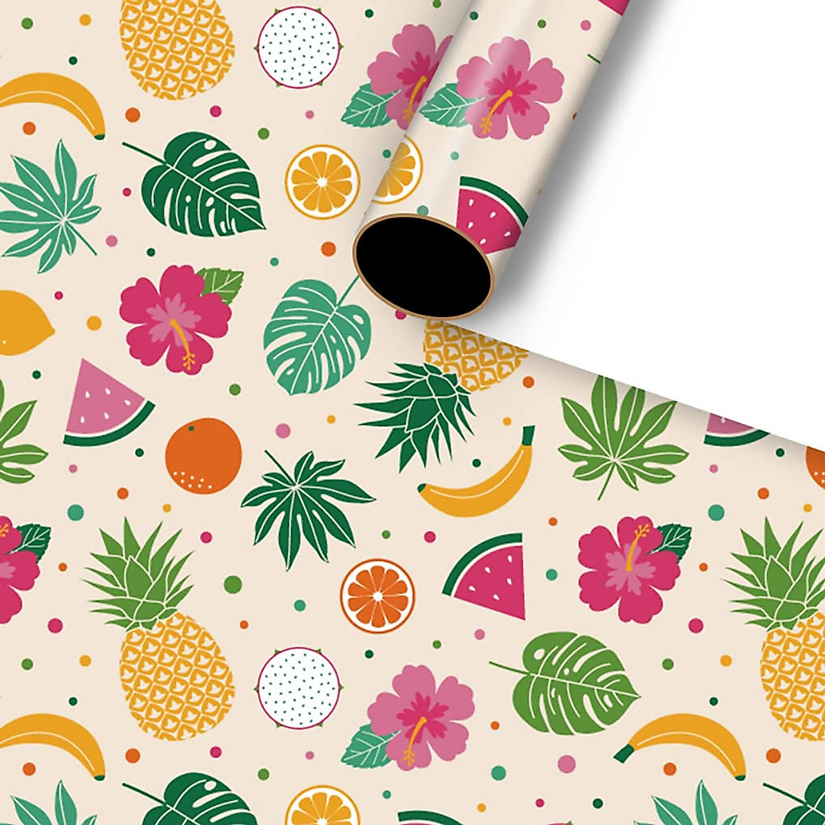 Aloha Floral Hawaiian Luau Wrapping Paper 6 Sheets, Pitaya Pineapple Orange Banana Watermelon Lemon Summer Fruit Floral Monstera Palm Turtle Leaves Tropical Island Themed Wrap Paper Sheet for Gift Wrapping, Birthday, Baby Shower, Aloha Hula Party Decorati